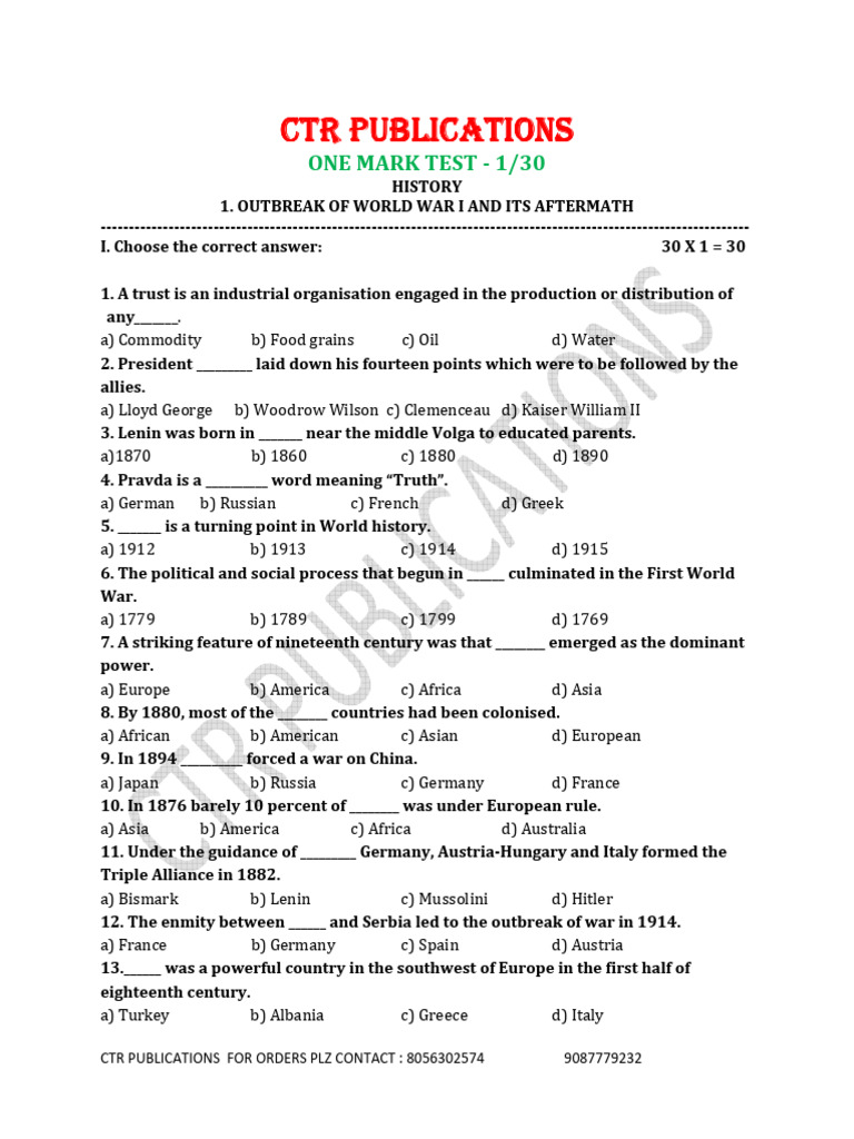 World War I History Quiz | PDF | Allies Of World War I | World War I