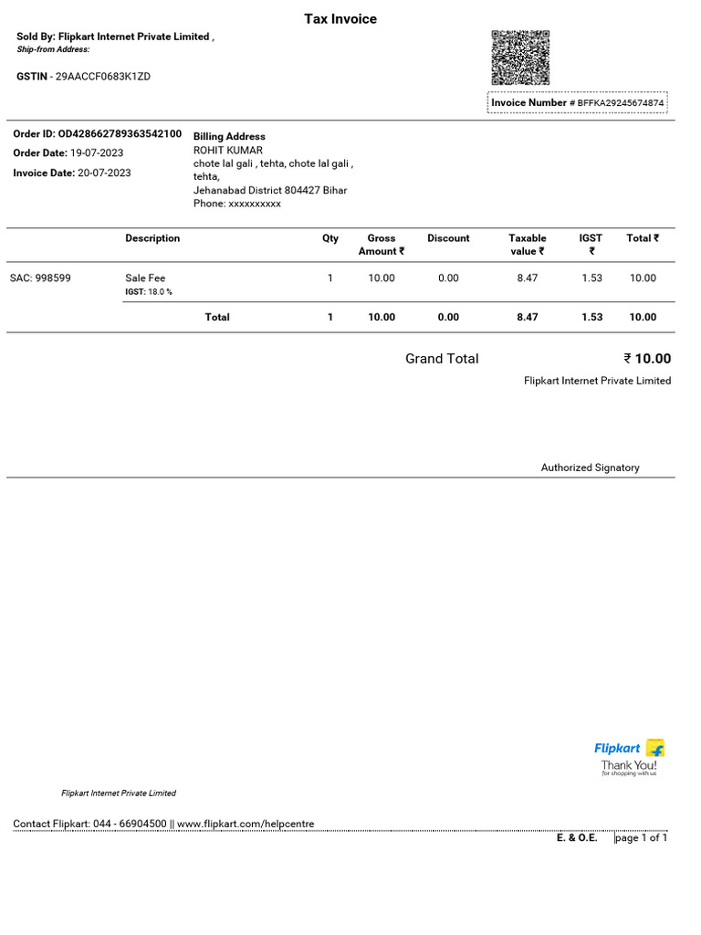 Flipkart Invoice for Smartwatch Purchase | PDF