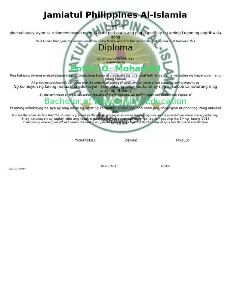 Diploma Award for Potrie O. Mohamad | PDF