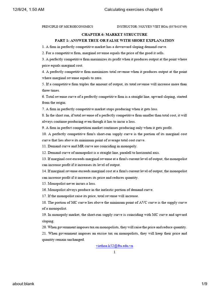 Calculating Exercises Chapter 6 | PDF | Profit (Economics) | Marginal Cost