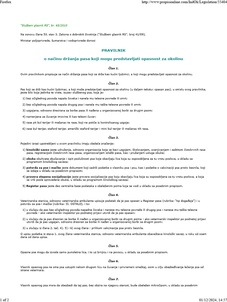 Pravilnik - Opasni Psi | PDF