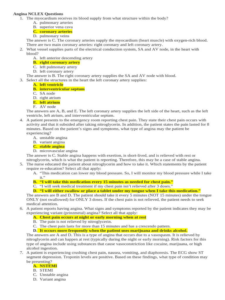 Angina NCLEX Practice Questions Guide | PDF | Coronary Circulation ...