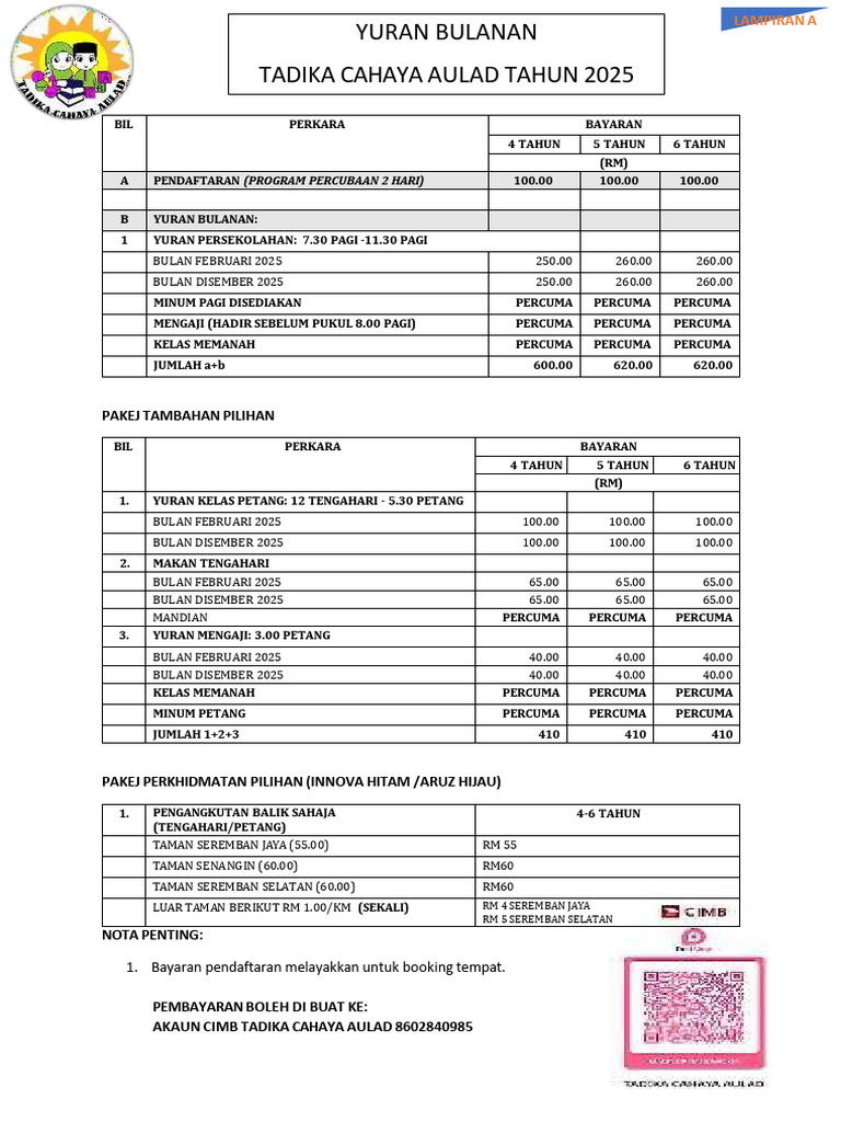 Yuran Tadika Cahaya Aulad Tahun 2025 | PDF