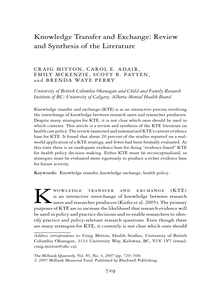 Knowledge Transfer and Exchange Review A | PDF | Systematic Review | Policy