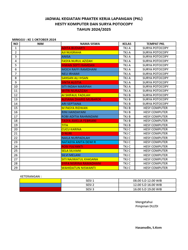 Jadwal Kegiatan Pkl | PDF