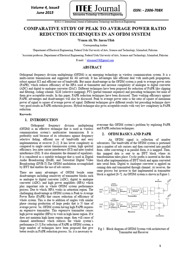 Comparative Study of PAPR Reduction Techniques - June15 | PDF | Orthogonal Frequency Division ...