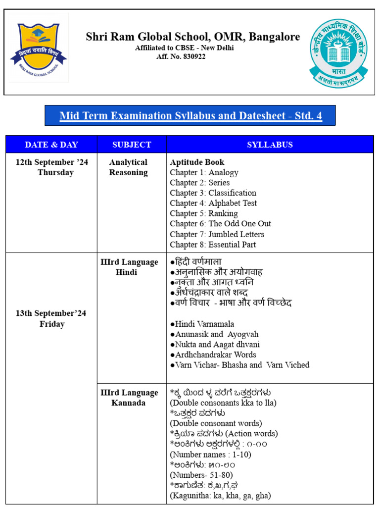 Std. 4 - Mid Term Exam - Syllabus and Datesheet | PDF