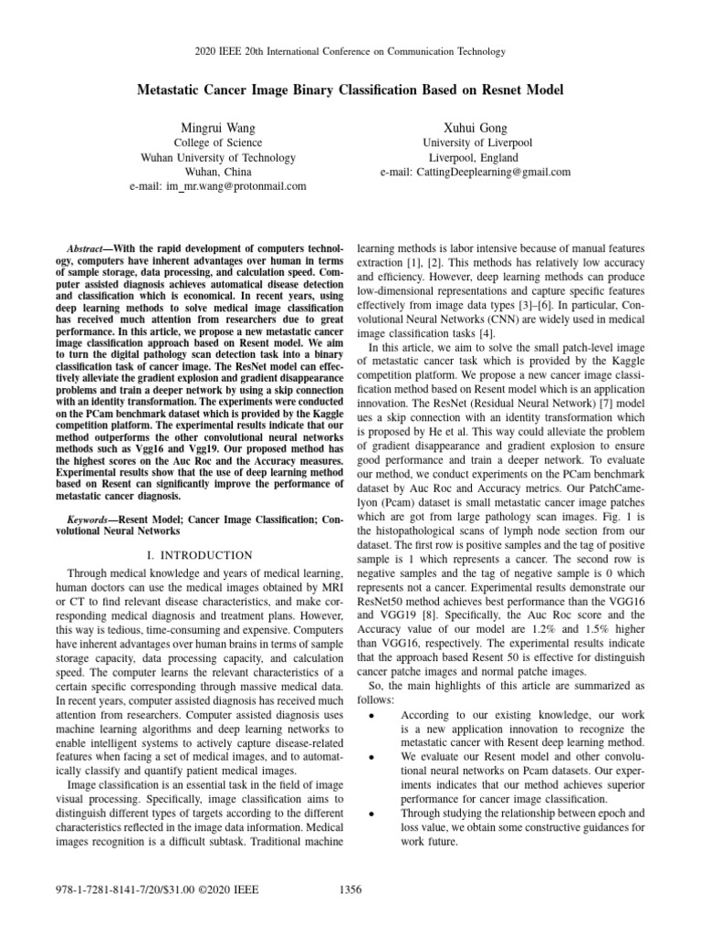 Metastatic Cancer Image Binary Classification Based On Resnet Model ...