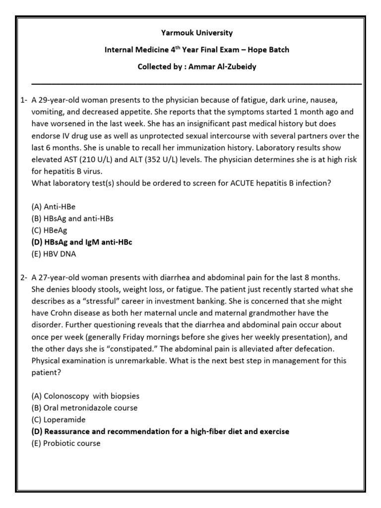 Yarmouk University Internal Medicine Exam | PDF | Hepatitis B | Chronic ...