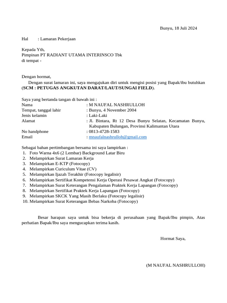 Lamaran Kerja PT Radiant Utama | PDF