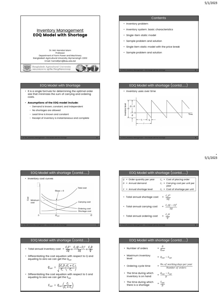 Inventory Management - EOQ Model with shortage | PDF | Business Economics | Applied Mathematics