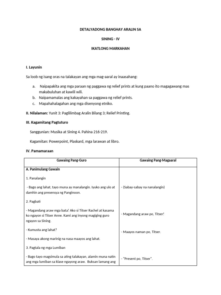 Banghay Aralin Sa Sining | PDF