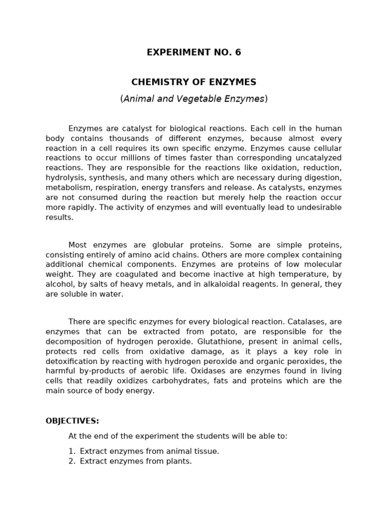 EXPERIMENT NO.6 Animal and Vegetable Enzymes 1 | PDF | Enzyme | Catalysis