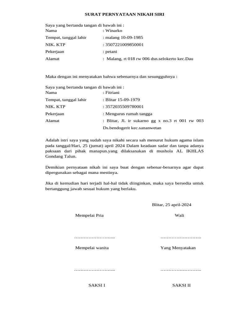 SURAT-PERNYATAAN-NIKAH SIRI | PDF