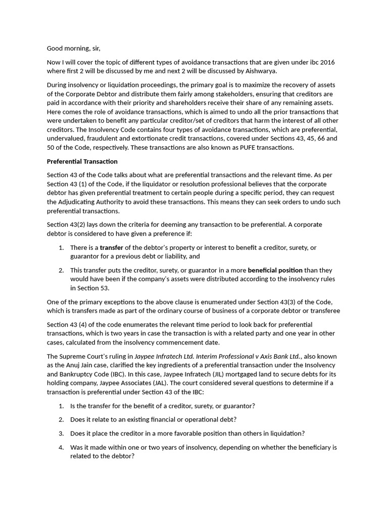 Types Of Avoidance Transactions In Ibc Pdf Bankruptcy Insolvency