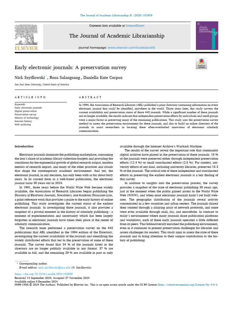 Early Electronic Journals A Preservatio - 2025 - The Journal of Academic Librar | PDF | Academic ...