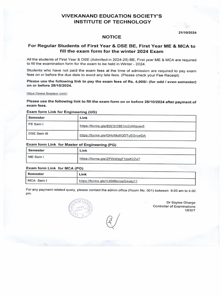 Regular Exam Form For F.E - Dse Be & F.E of M.E & Mca Winter 2024 Exam - 0001 | PDF