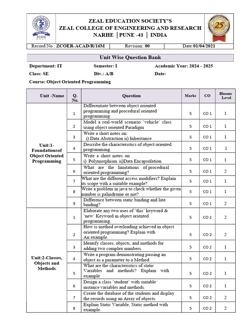 Sppu SE IT Unitwise-Quation Bank-OOP | PDF | Method (Computer ...