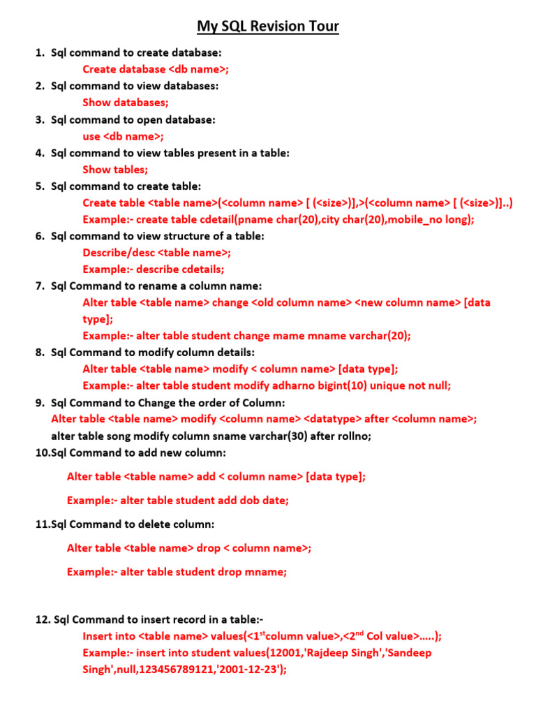My SQL Revision Tour commands | PDF | Sql | Table (Database)
