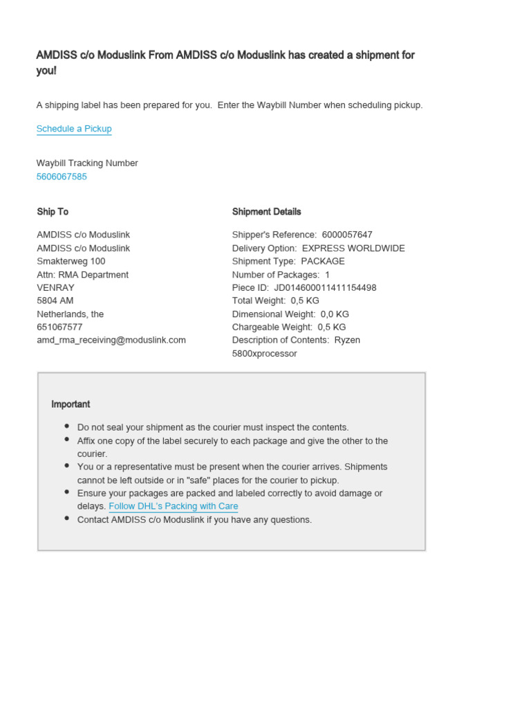 AMDISS Shipment Pickup Instructions | PDF