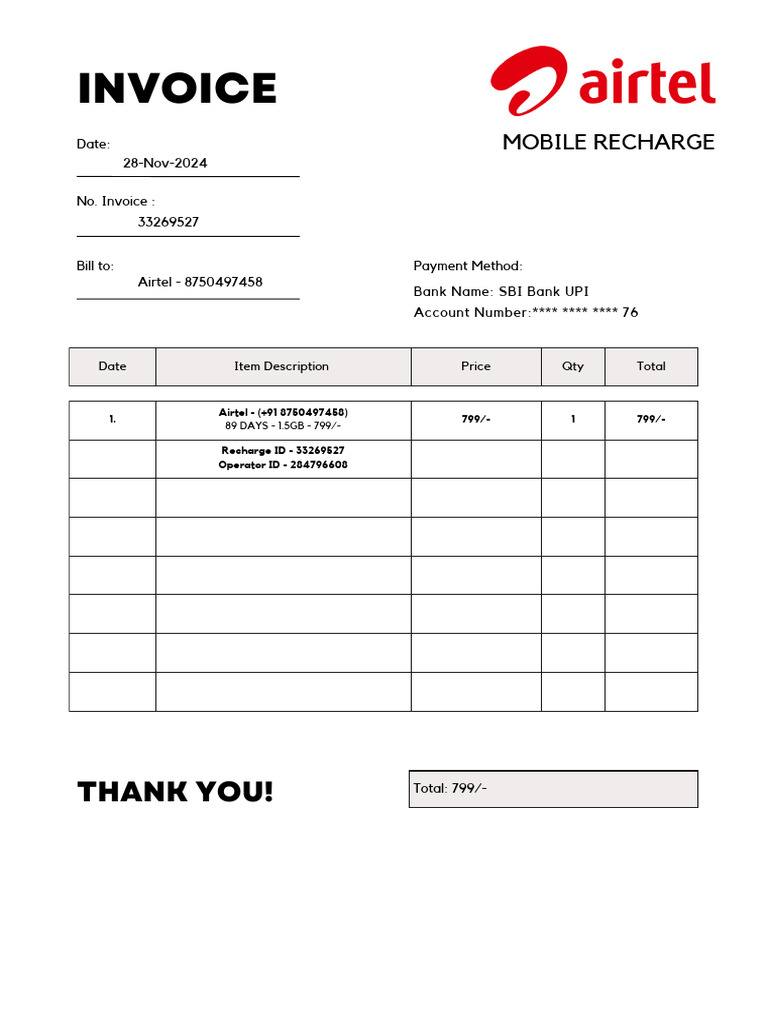 Airtel Mobile Recharge Invoice | PDF