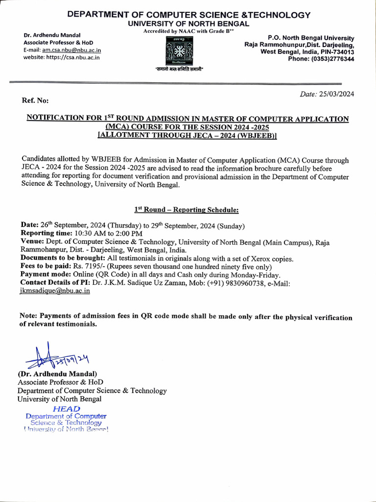 MCA Admission Notice 2024-25 | PDF