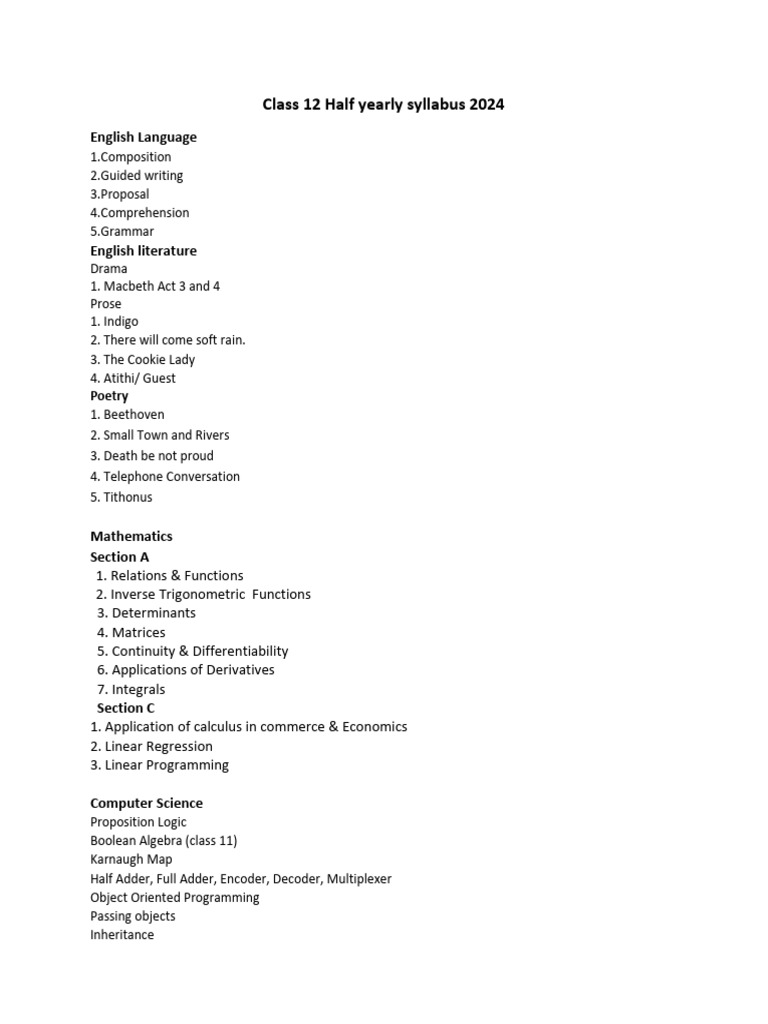 Class 12 Half-Yearly Syllabus 2024 | PDF