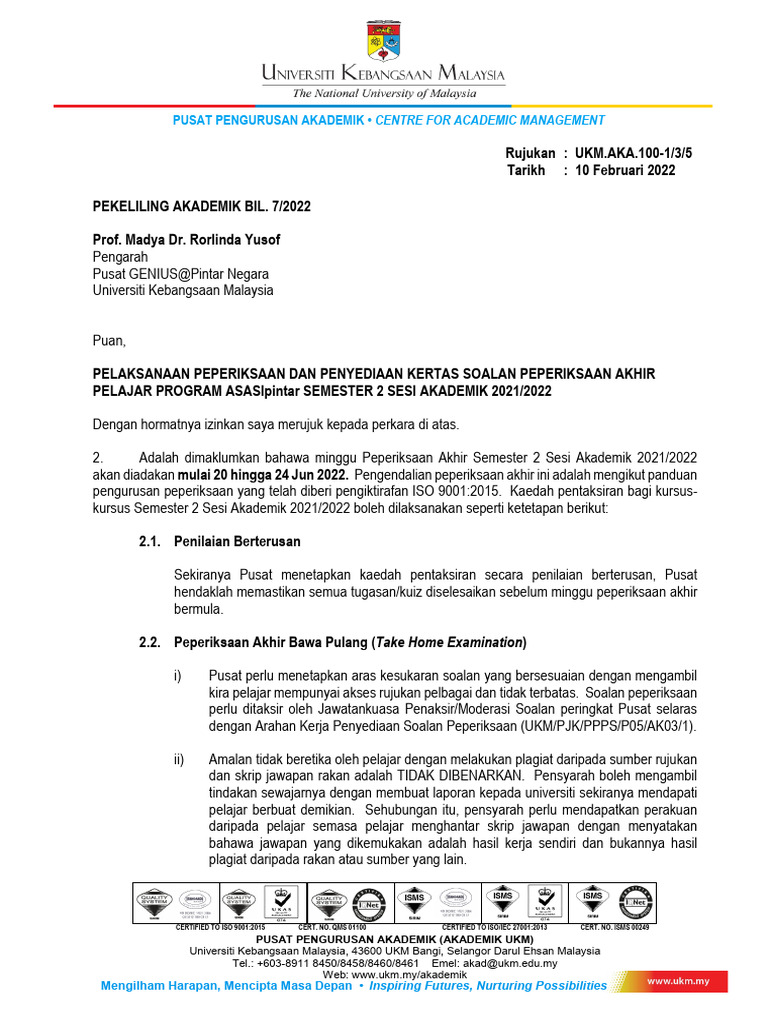 Pekeliling Akademik Bil.7 2022 Pelaksanaan Peperiksaan Dan Penyediaan Kertas Soalan Peperiksaan ...