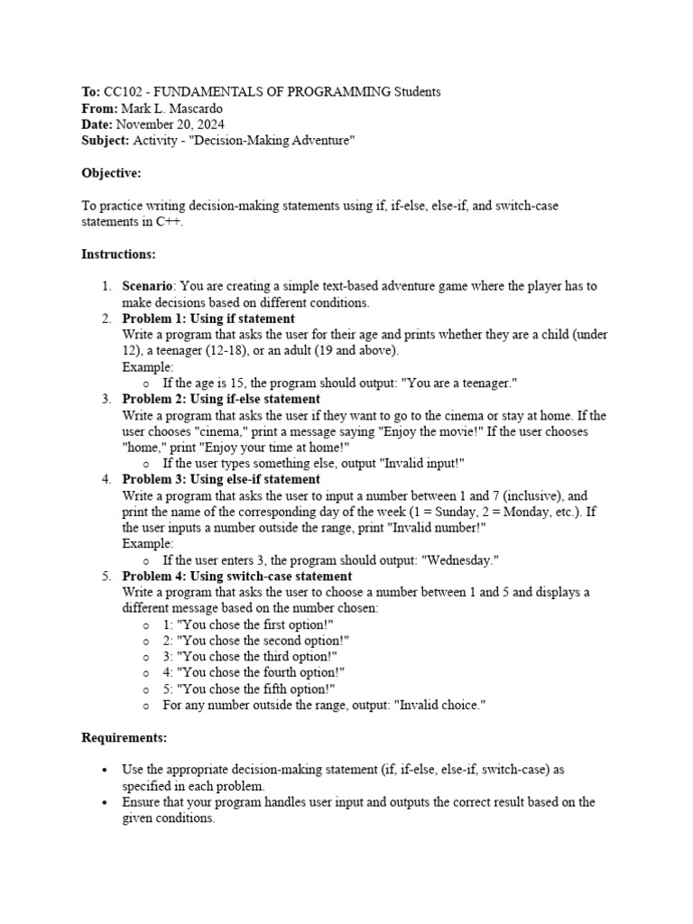 C++ Decision-Making Programming Tasks | PDF