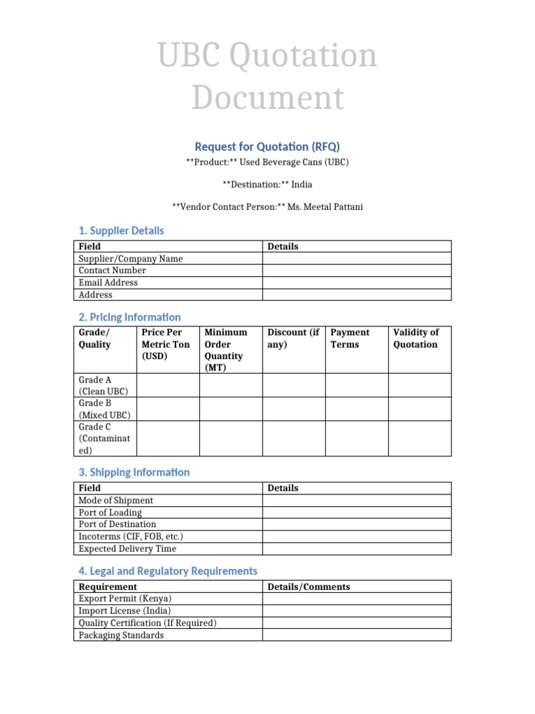UBC Quotation Request | PDF