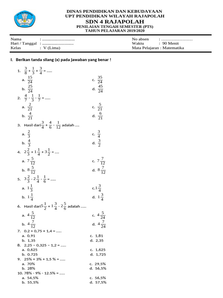 Soal PTS MTK Kelas 5 Ganjil K13 | PDF