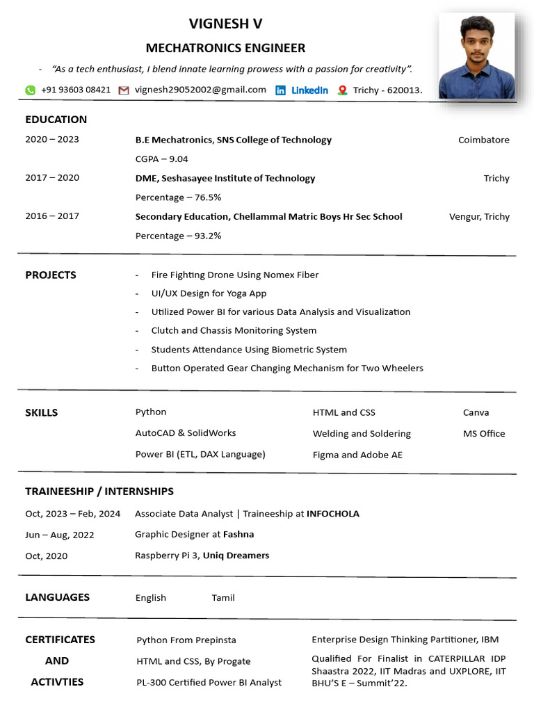 Vignesh_Resume_Mechatronics | PDF