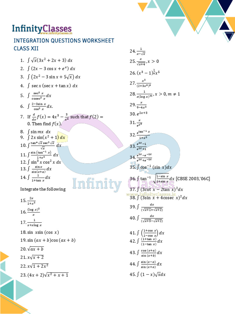 Class XII Integration Worksheet Day 1 | PDF