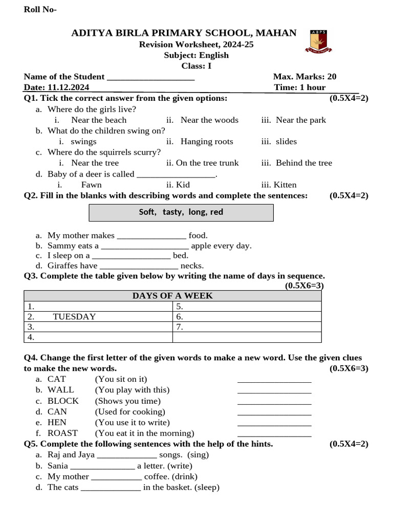 Class 1 English Revision Worksheet | PDF