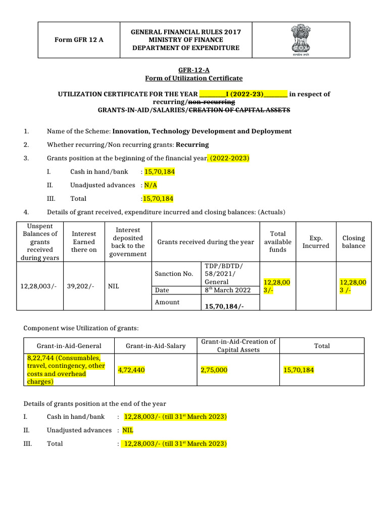 Utilization Certificate Form GFR 12 A | PDF | Audit | Expense