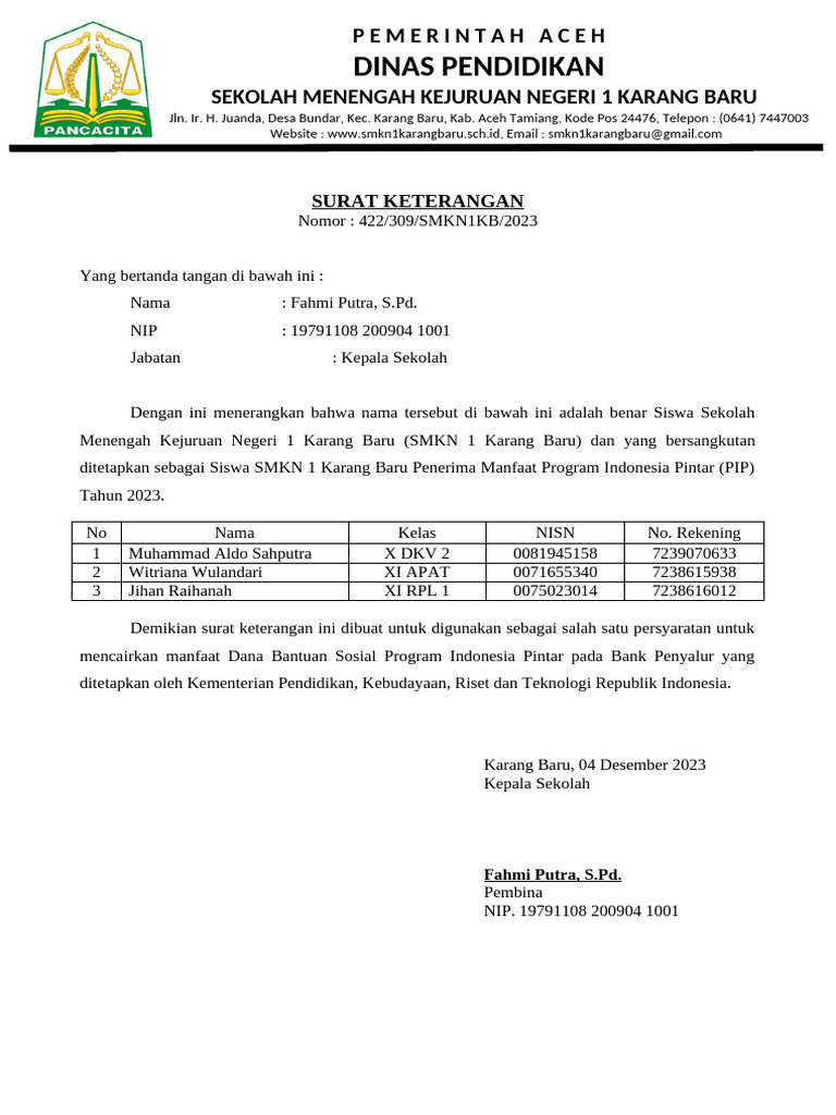 Surat Keterangan Pip 2023 | PDF