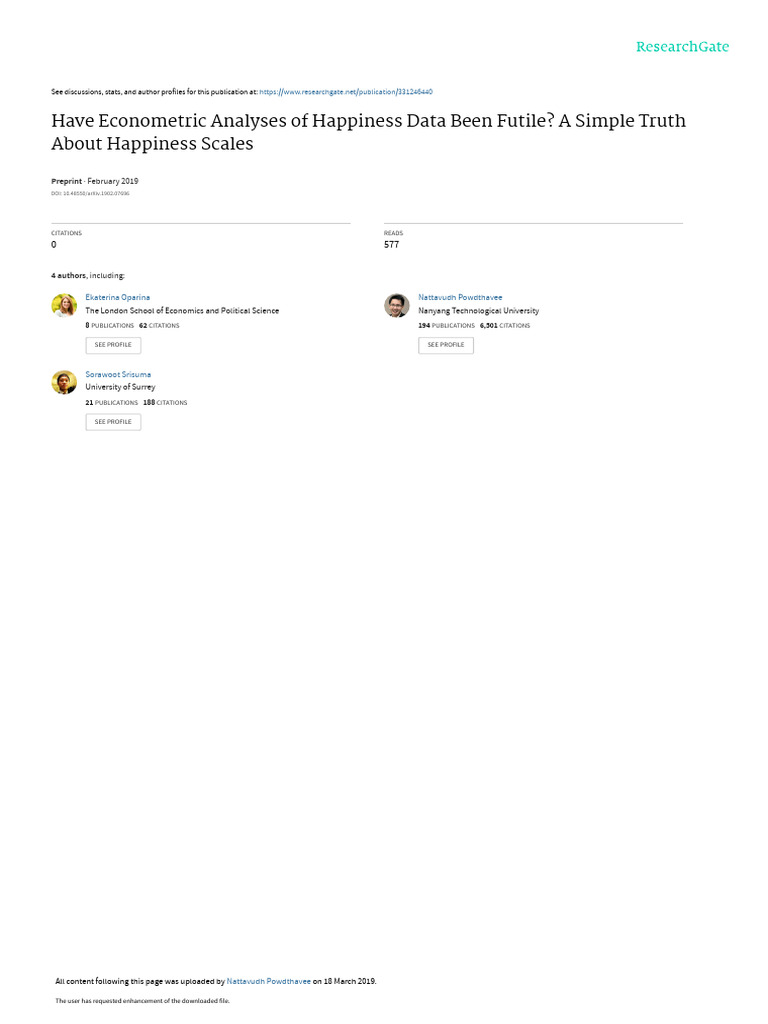 Econometric Analyses of Happiness Data | PDF | Regression Analysis | Median