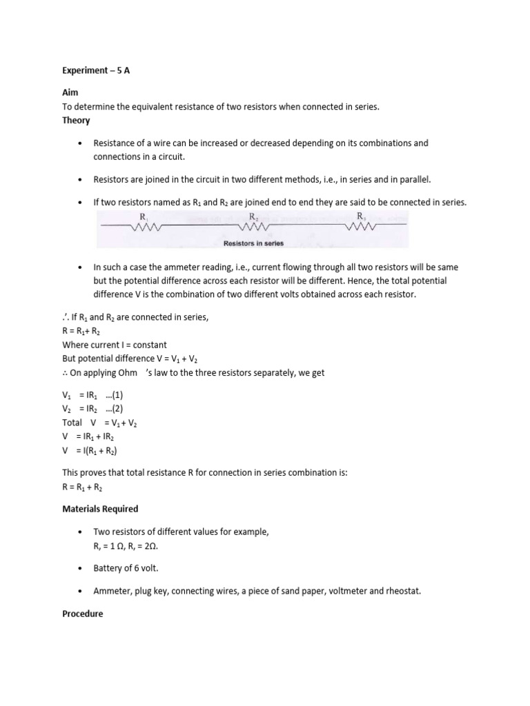 Experiment - 5 A Resistance in Series | PDF | Series And Parallel ...