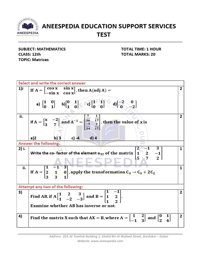 12 MSB Maths Test - Matrices | PDF | Mathematical Concepts | Operator ...