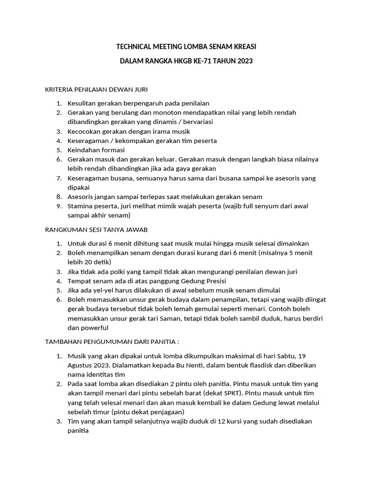 Technical Meeting Lomba Senam Kreasi | PDF