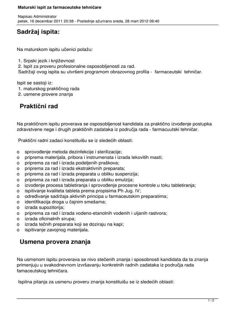 Maturski Ispit Za Farmaceutske Tehniare | PDF