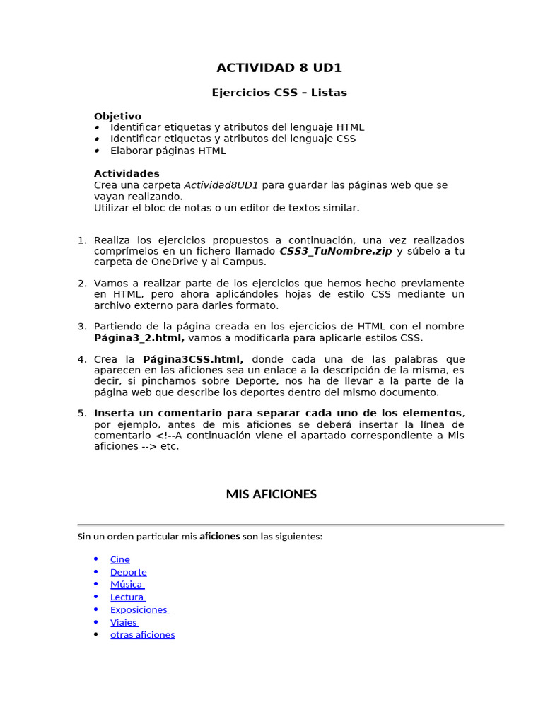 ACTIVIDAD 8 UD1 - Ejercicios CSS Listas (1) | PDF | HTML | Texto