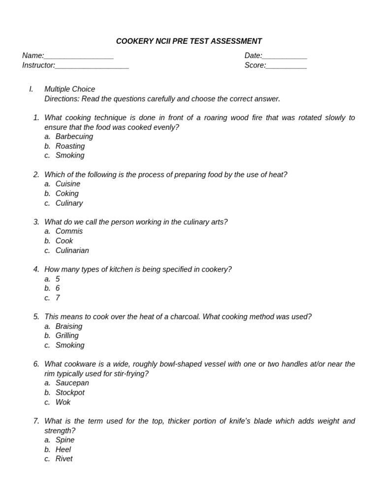 Cookery Ncii Pre Test Assessmnet | PDF | Stock (Food) | Hors D'oeuvre