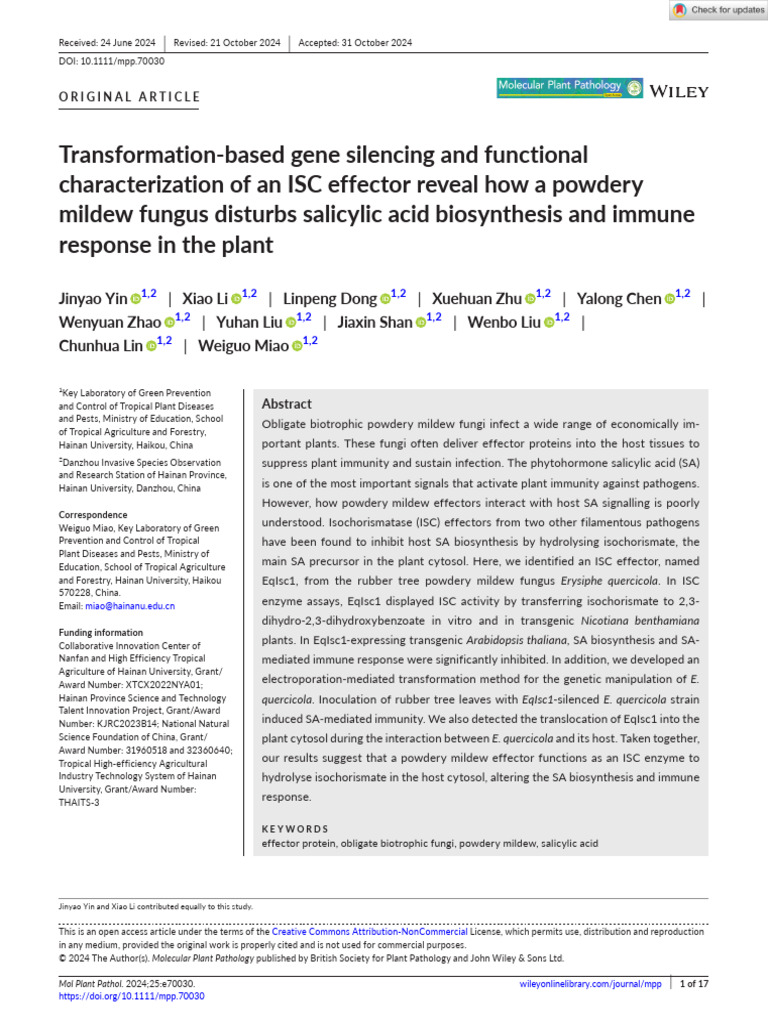 Molecular Plant Pathology - 2024 - Yin - Transformation Based Gene ...