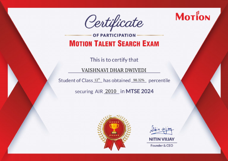 Vaishnavi Dhar Dwivedi Mtse Certificate | PDF