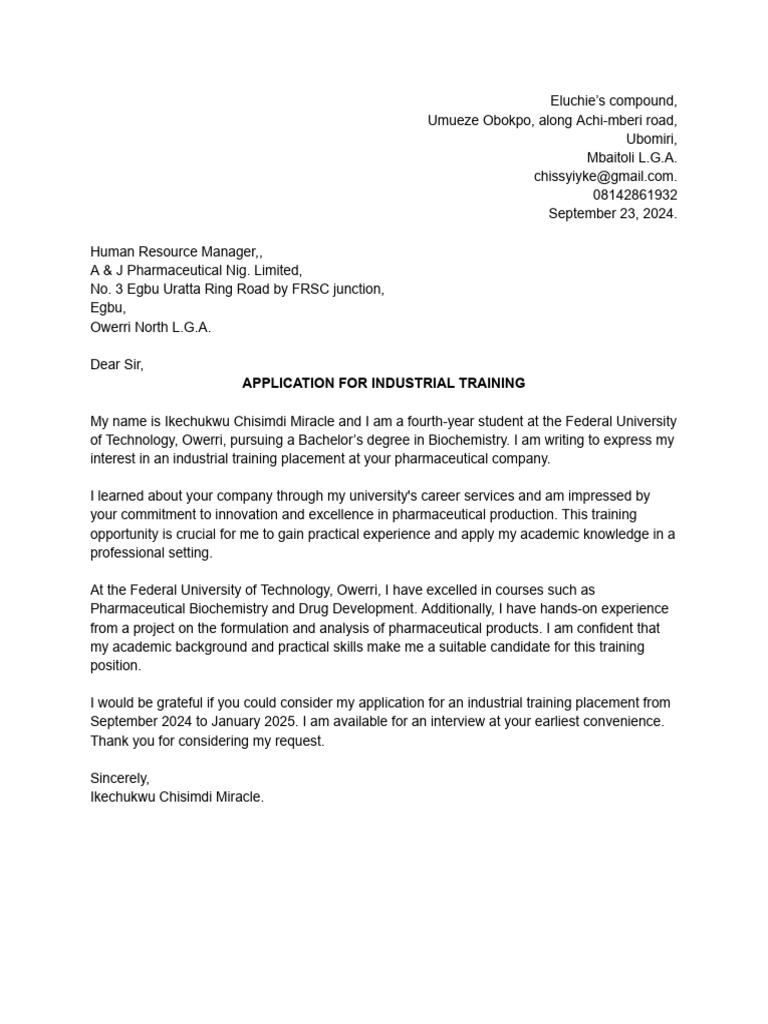 Application For Industrial Training | PDF