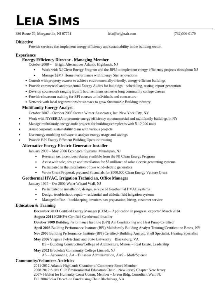 Leia Sims_resume Only | PDF | Efficient Energy Use | Green Building