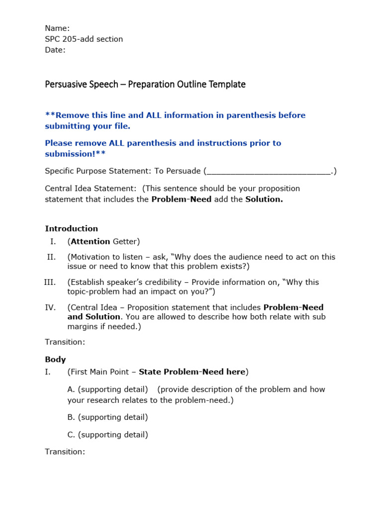 Persuasive Speech Outline Template | PDF