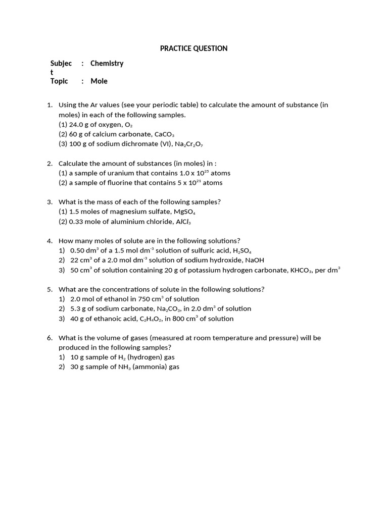 PRACTICE QUESTIONS - 1 - Mole | PDF
