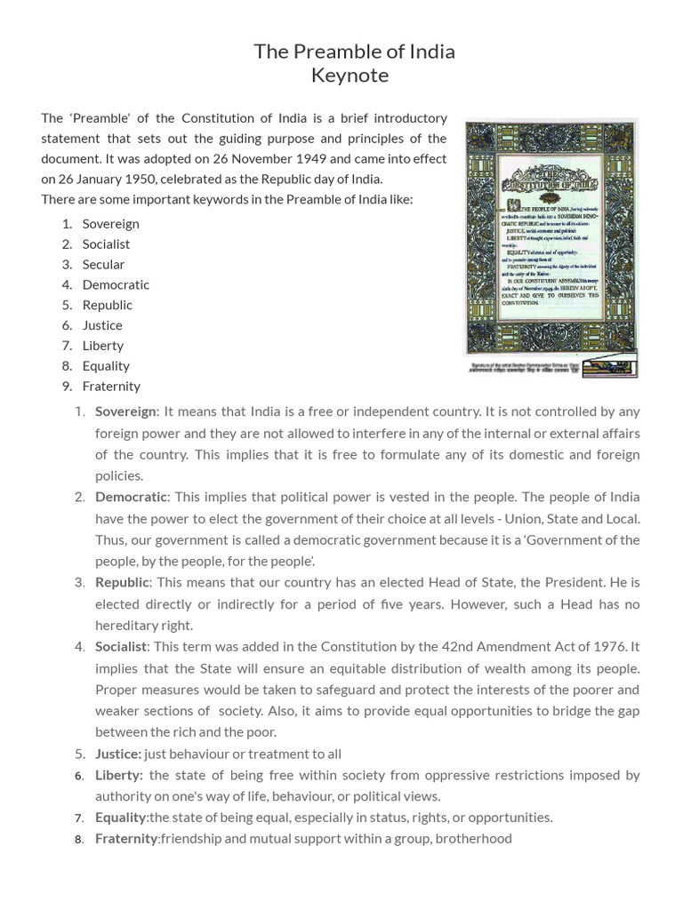 Key Concepts of India's Preamble | PDF